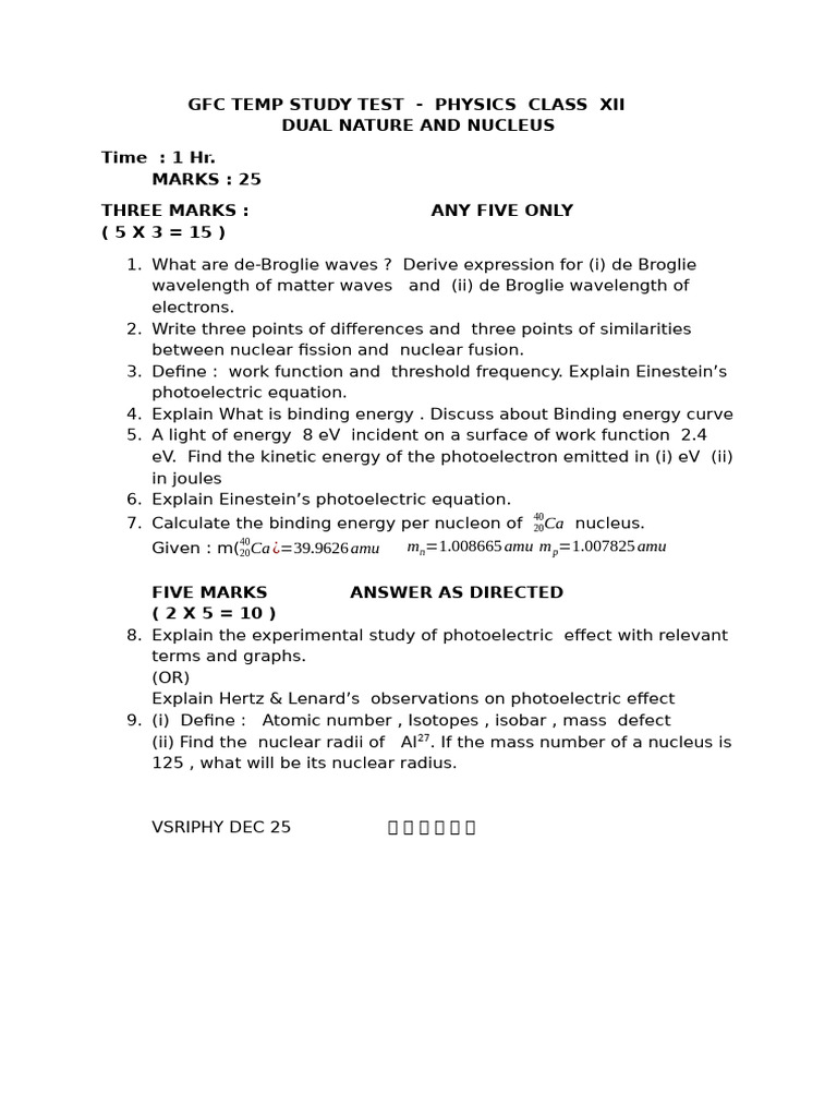 Gfc Temp Study Testphysics Class Xii Dual Nature & Nucleus | PDF