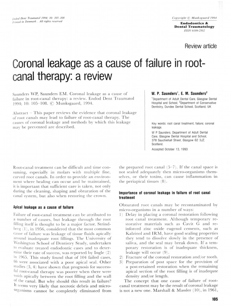Coronal Leakage as a Cause of Failure in Root‐Canal Therapy_ a Review | PDF