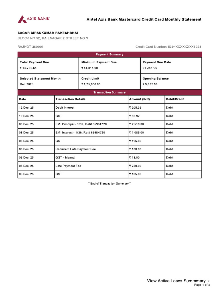 Credit Card Statement Summary - Dec 2025 | PDF | Debit Card | Credit Card