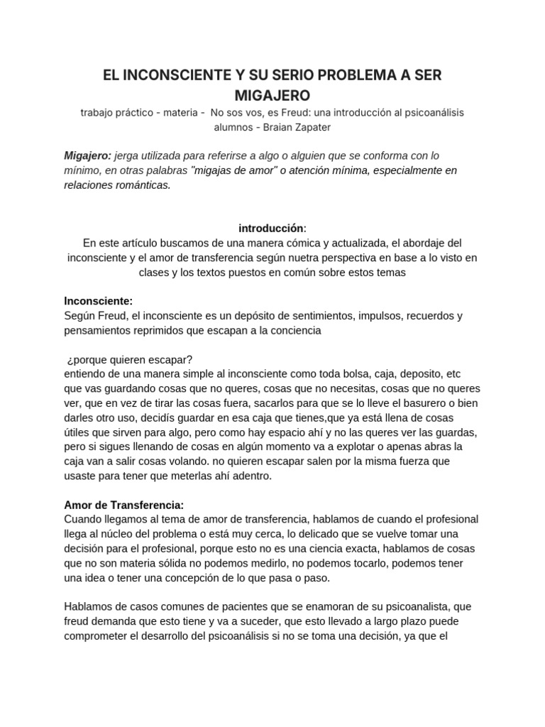 El Inconsciente y Su Serio Problema a Ser Migajero | PDF ...