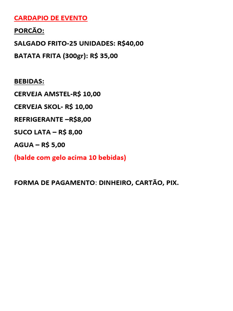 Cardápio de Evento: Porções e Bebidas | PDF