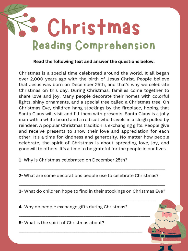 Christmas Reading Comprehension Worksheet in Red White Festive Style ...
