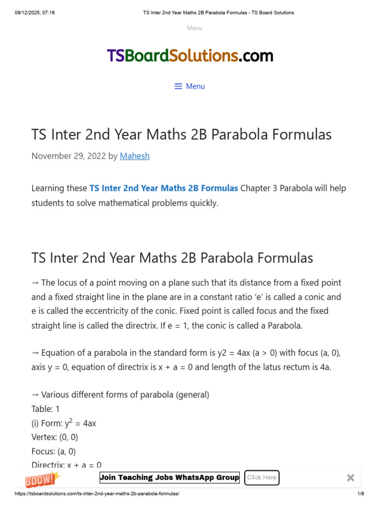 TS Inter 2nd Year Maths 2B Parabola Formulas - TS Board Solutions | PDF ...
