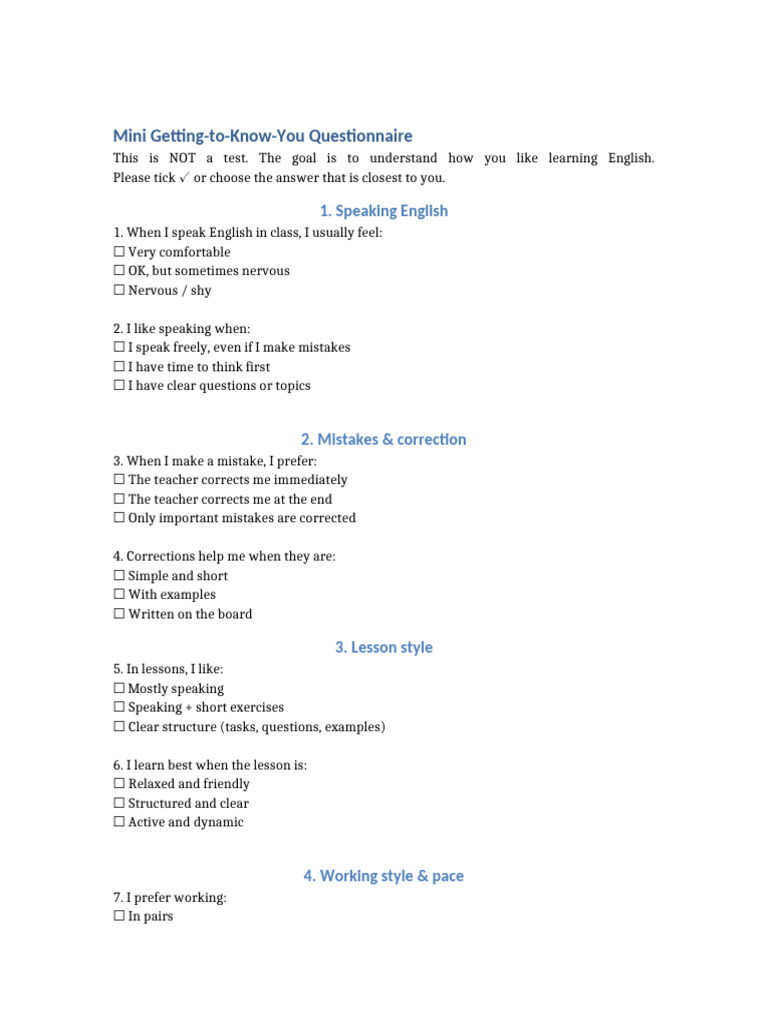 Mini Questionnaire Learning Preferences A2 En | PDF