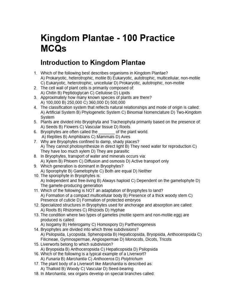 Kingdom Plantae: 100 MCQs for Study | PDF | Seed | Leaf