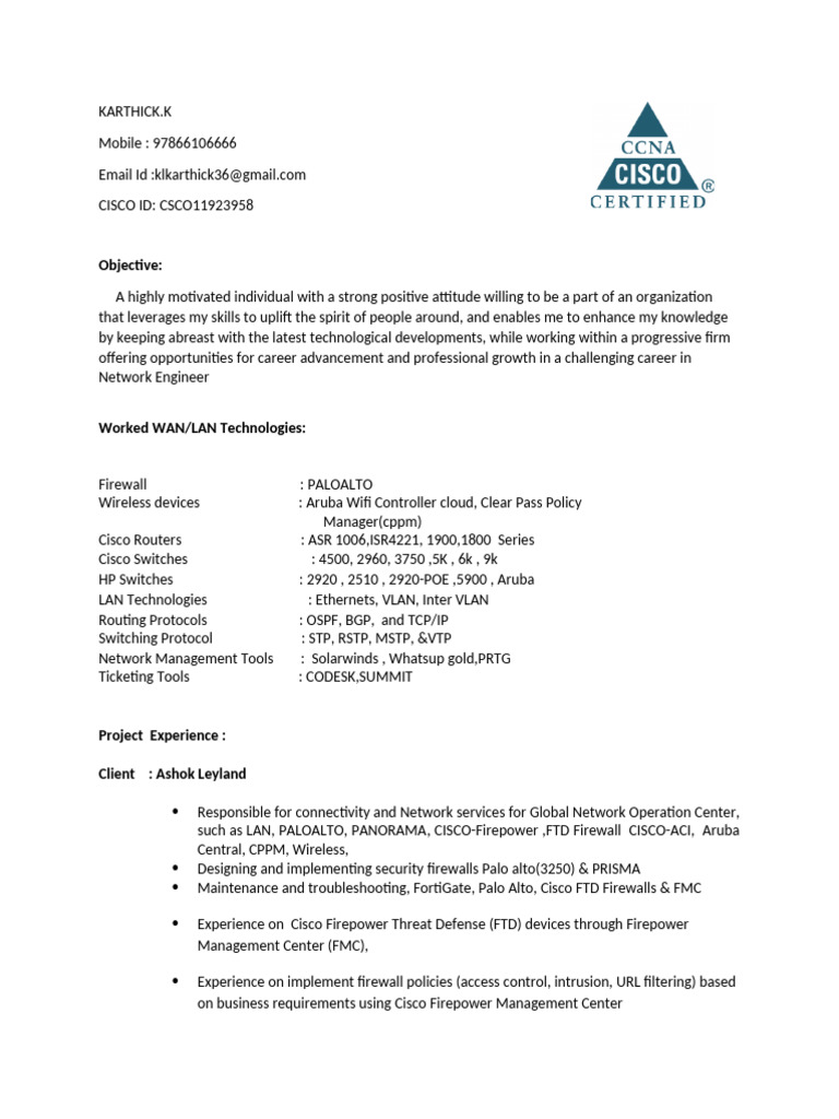 Resume -Karthick 1 | PDF | Firewall (Computing) | Computer Network