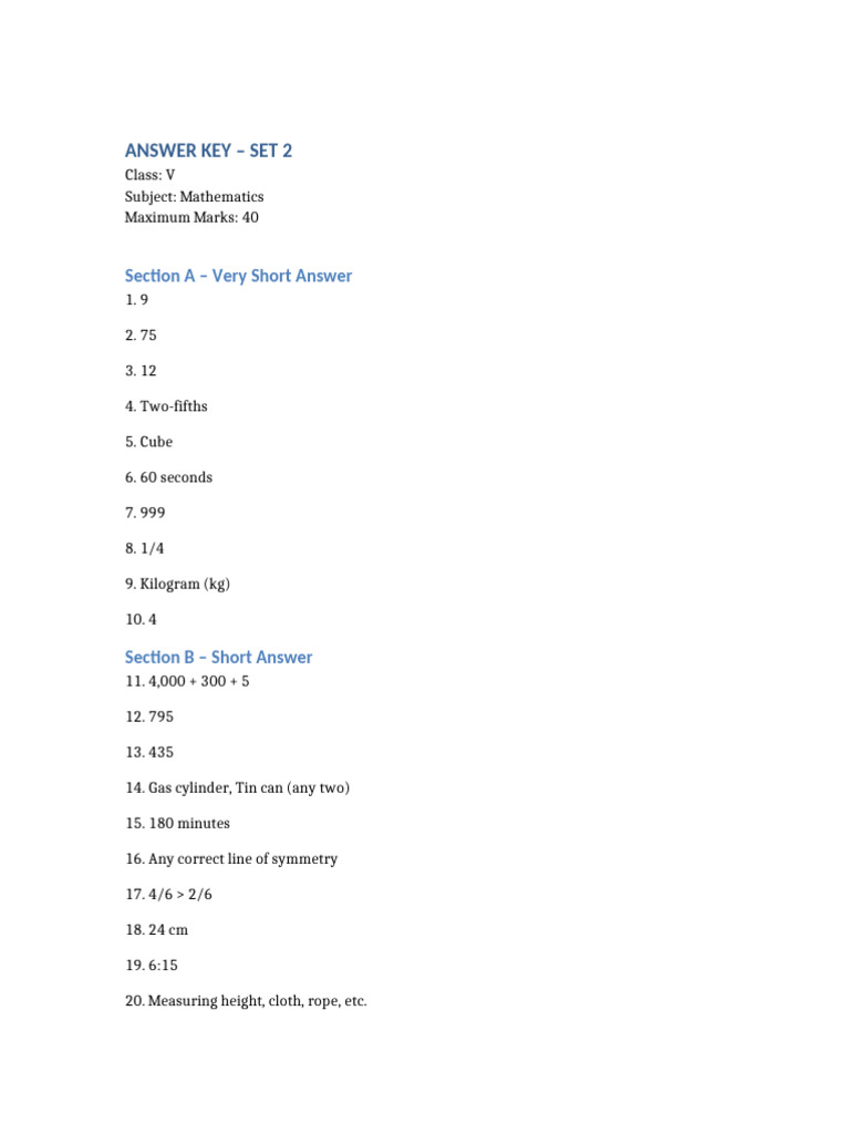 Class 5 Mathematics Answer Key Set 2 | PDF