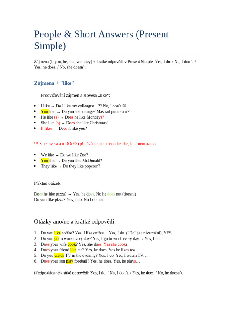Present Simple: Questions & Short Answers | PDF