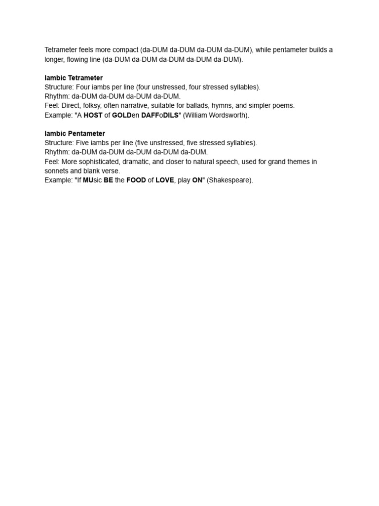 Iambic Tetrameter vs. Pentameter Explained | PDF