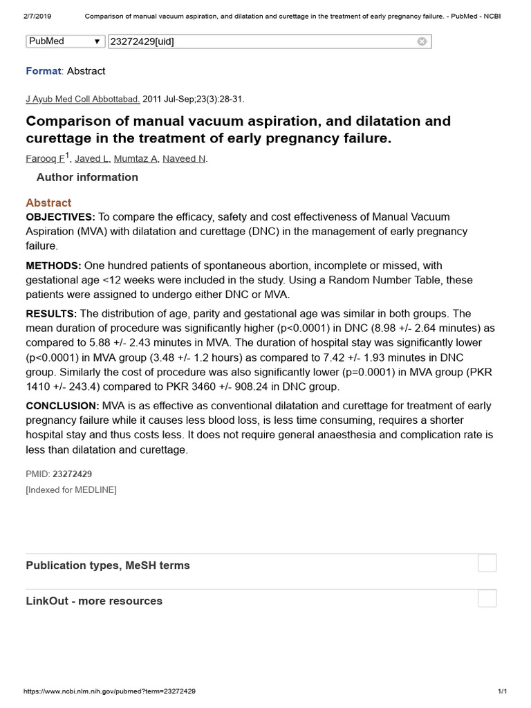 Comparison of Manual Vacuum Aspiration, and Dilatation and Curettage in ...