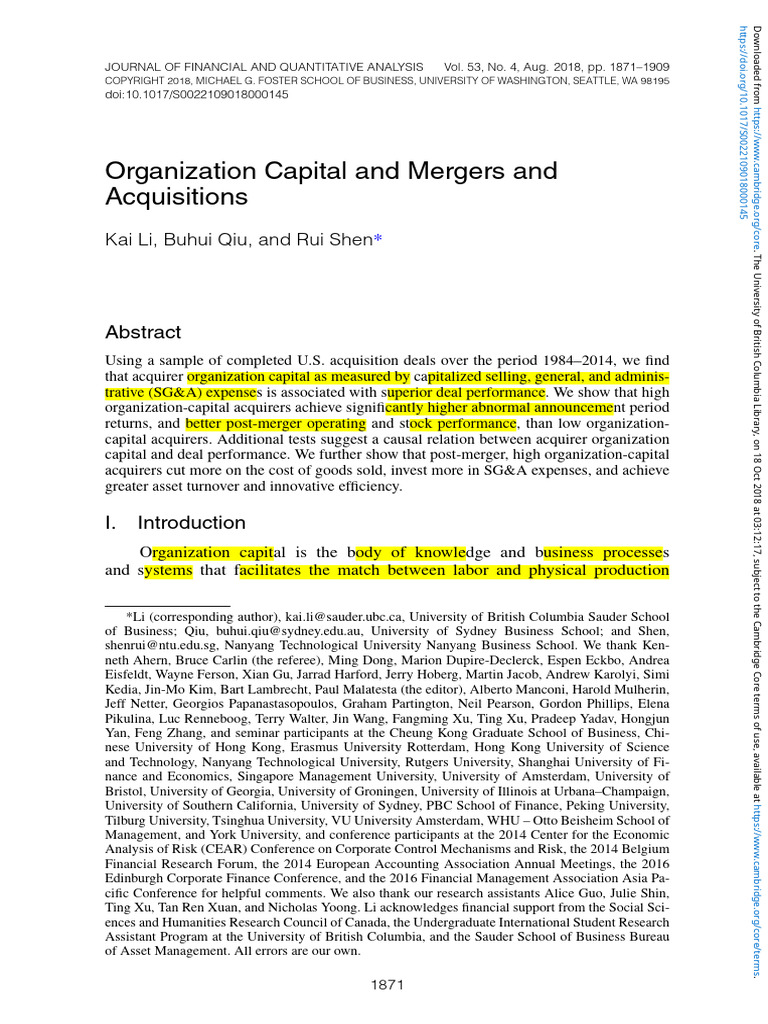 Organization Capital in M&A Performance | PDF | Mergers And ...