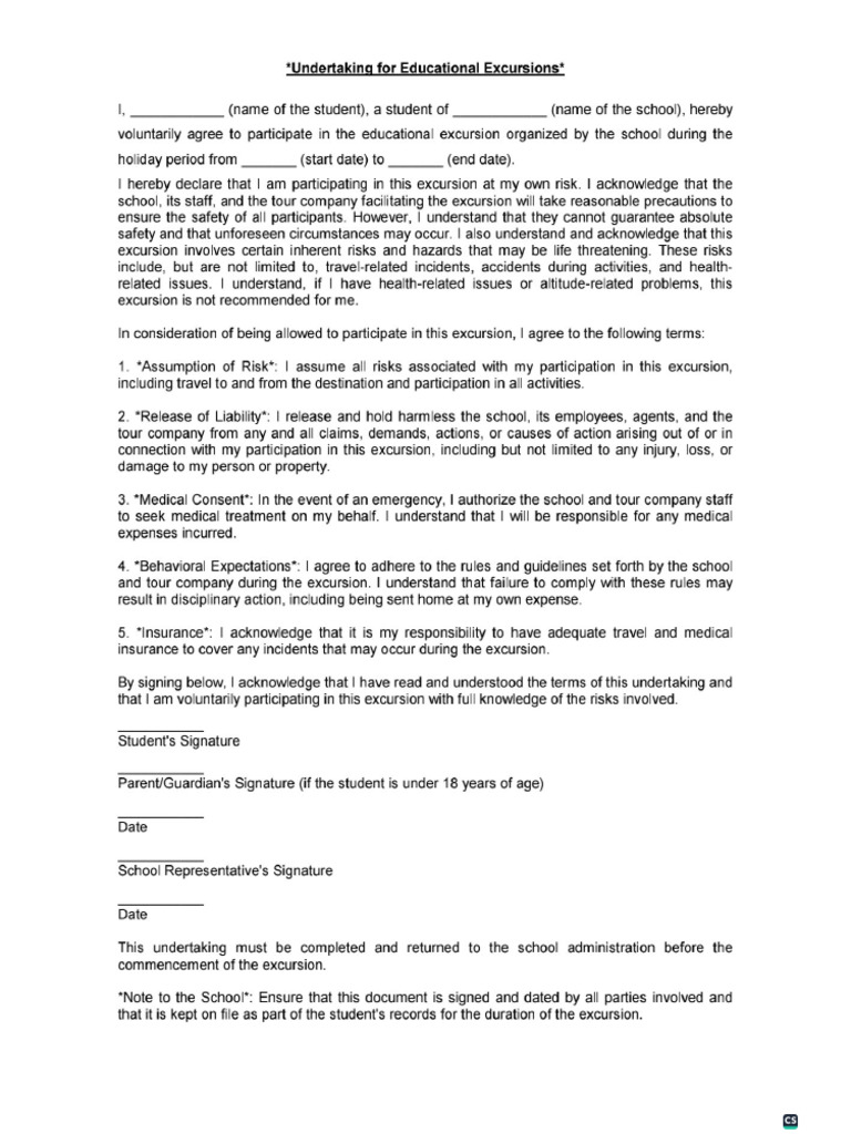 Undertaking for Educational Excursions | PDF