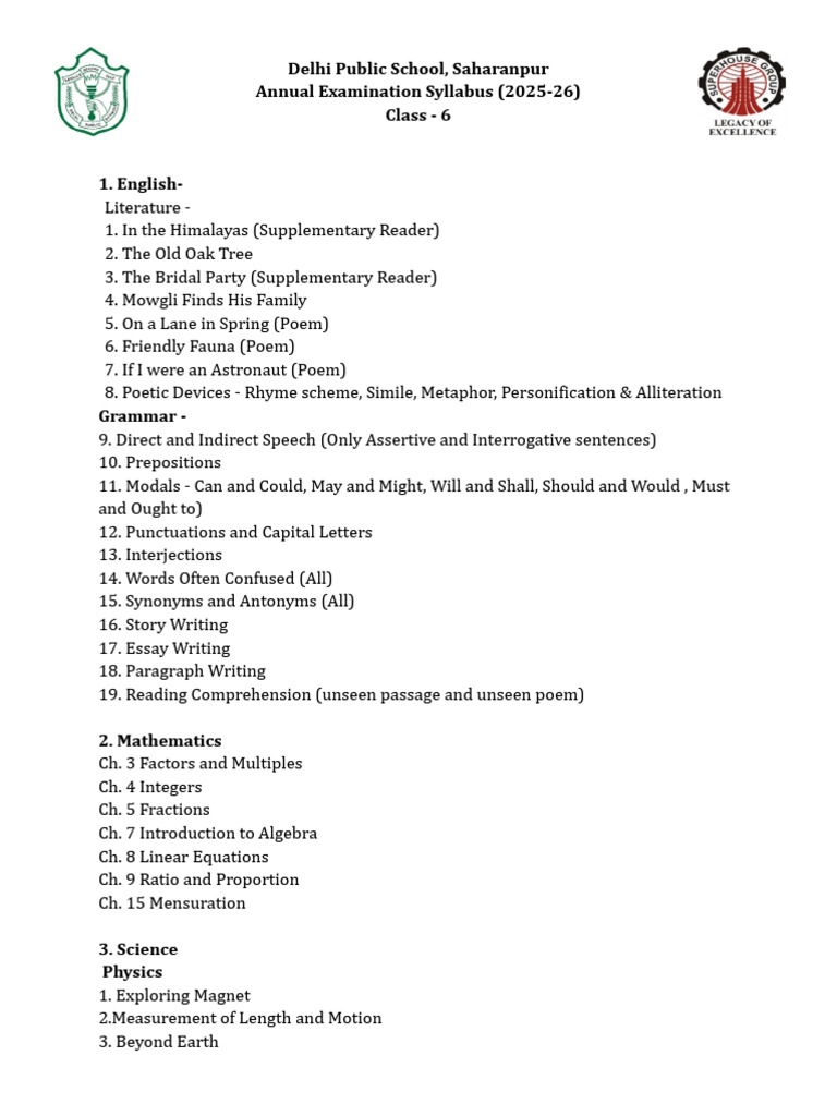 DPS Saharanpur Class 6 Exam Syllabus 2025-26 | PDF | Poetry