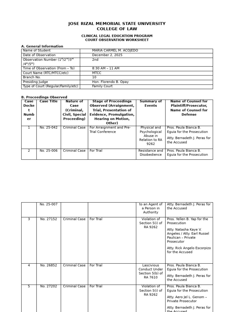 Court Observation Worksheet: Family Law Cases | PDF | Prosecutor | Plea