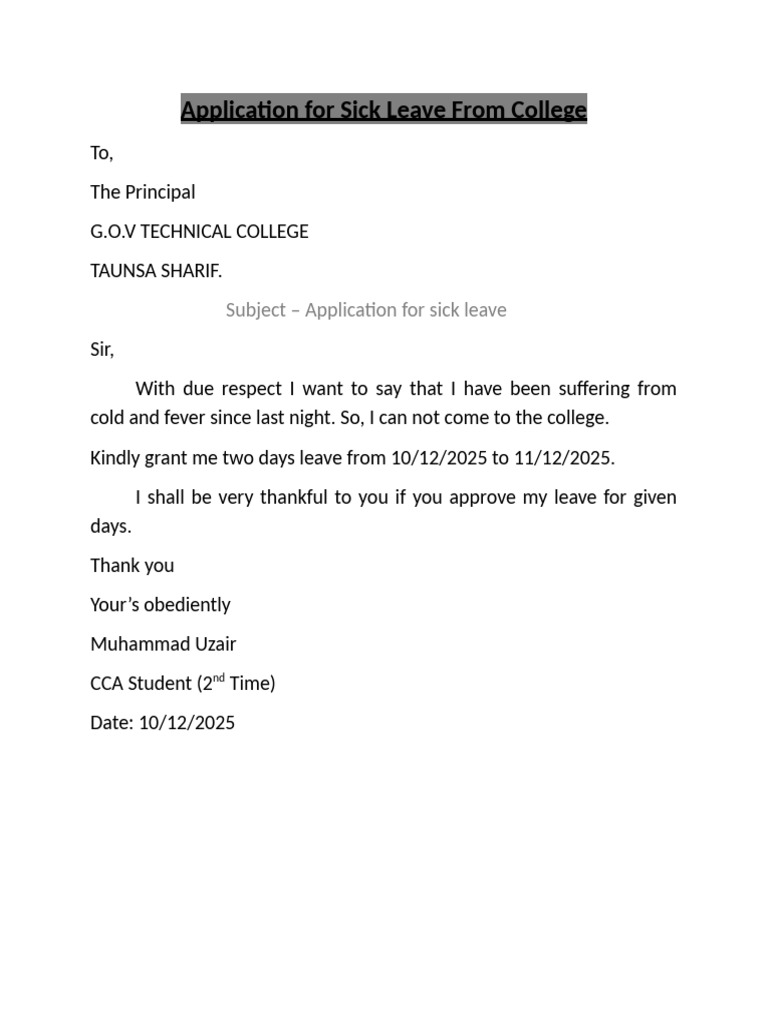 Application for Sick Leave From College | PDF