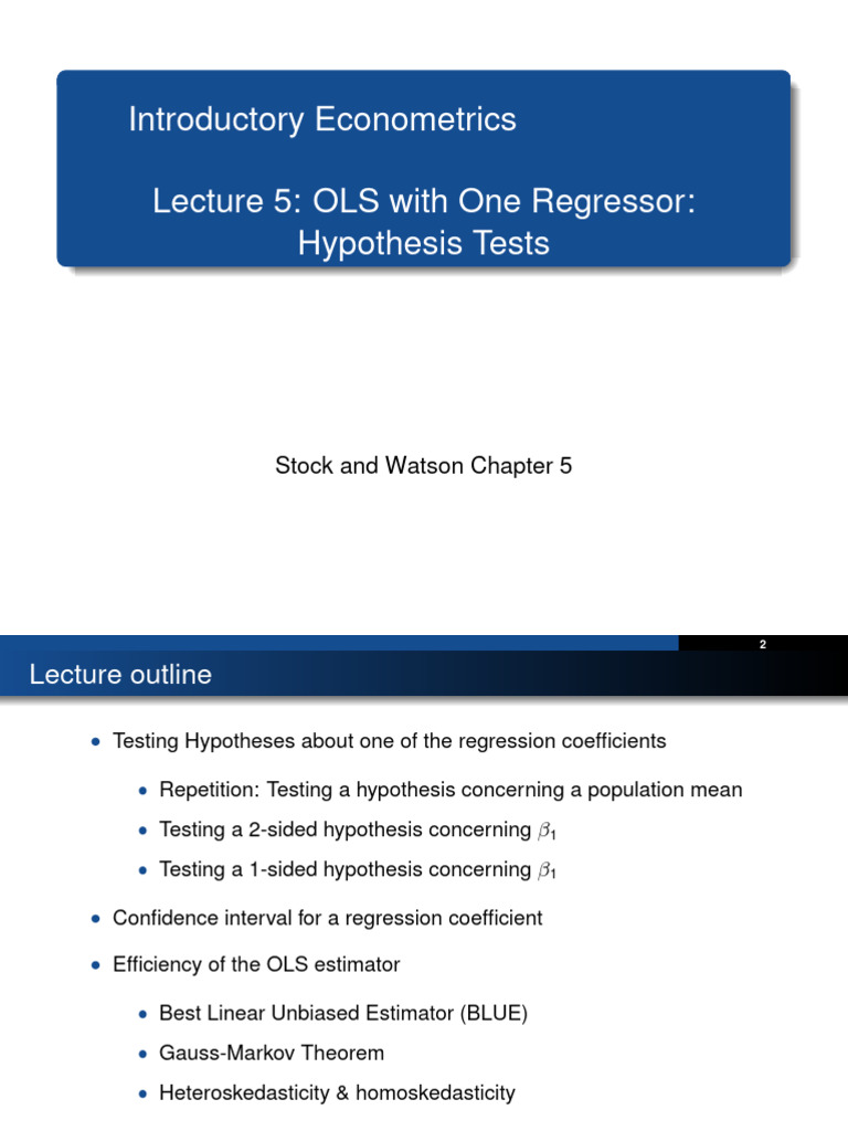 Lecture5 Ols Oneregressor Hypothesis Tests | PDF | Ordinary Least ...