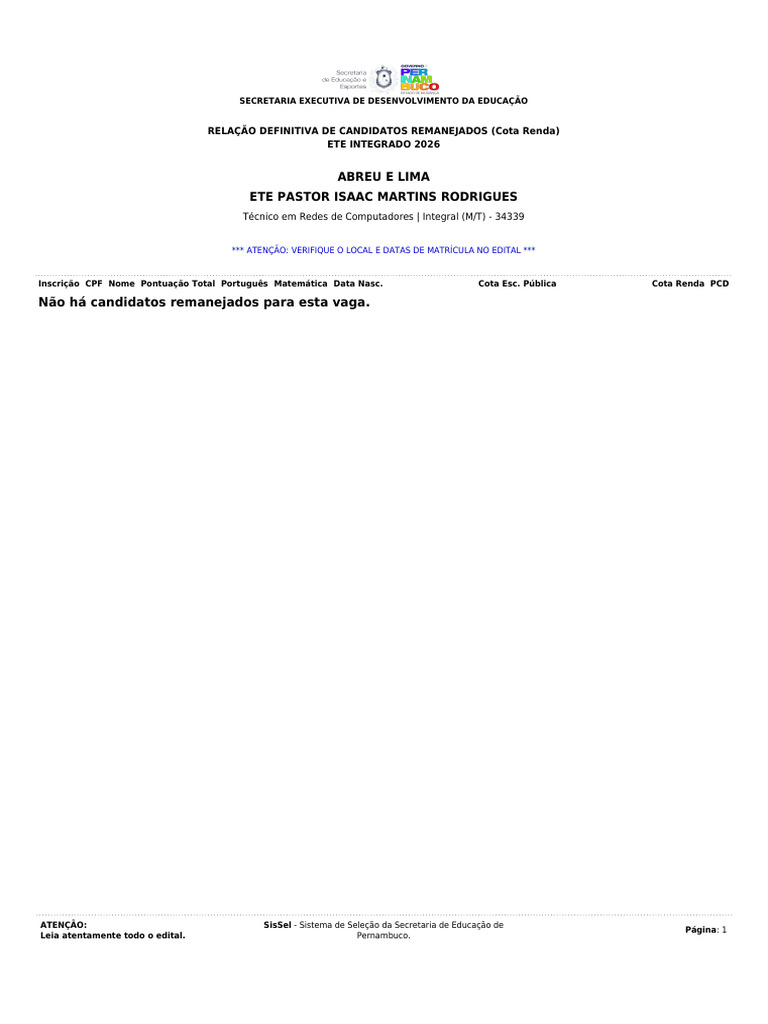 List o de Remanejados 2 Integrado 2026 Renda | PDF