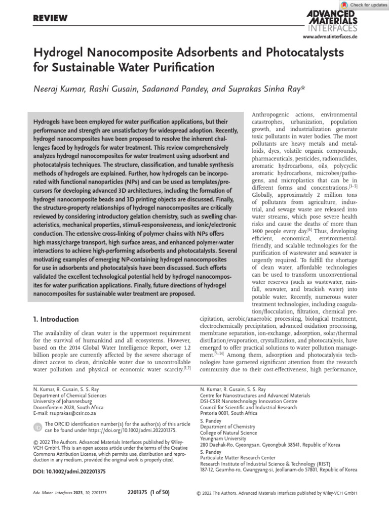 Adv Materials Inter - 2022 - Kumar - Hydrogel Nanocomposite Adsorbents ...