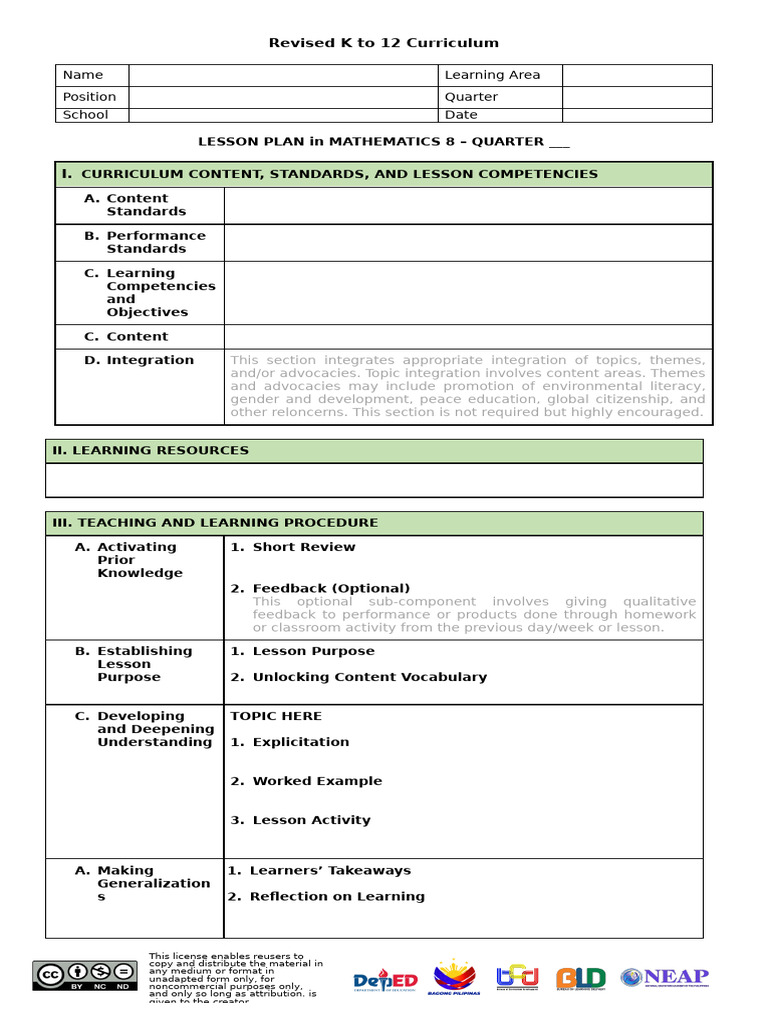 Mathematics 8 Lesson Plan Template | PDF | Curriculum | Procedural ...