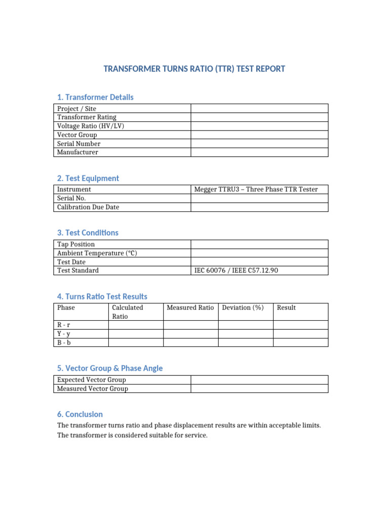 TTR Test Report Megger TTRU3-1 | PDF