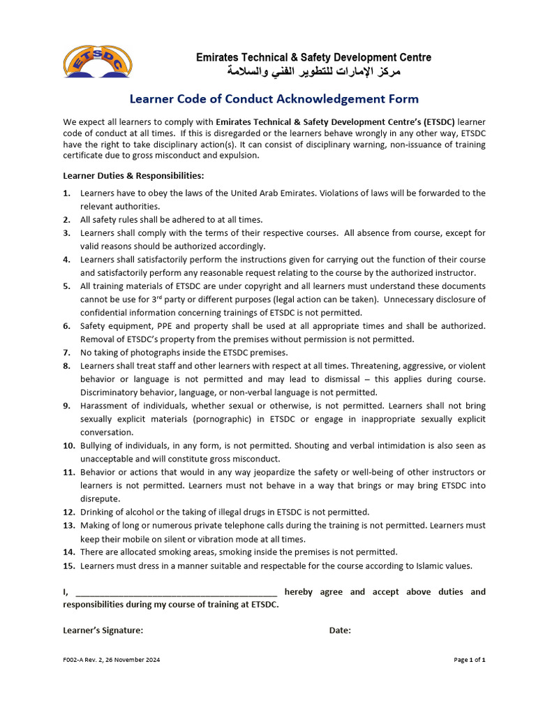 F002-A_Learner Code of Conduct Acknowledgement Form R2 | PDF | Social ...