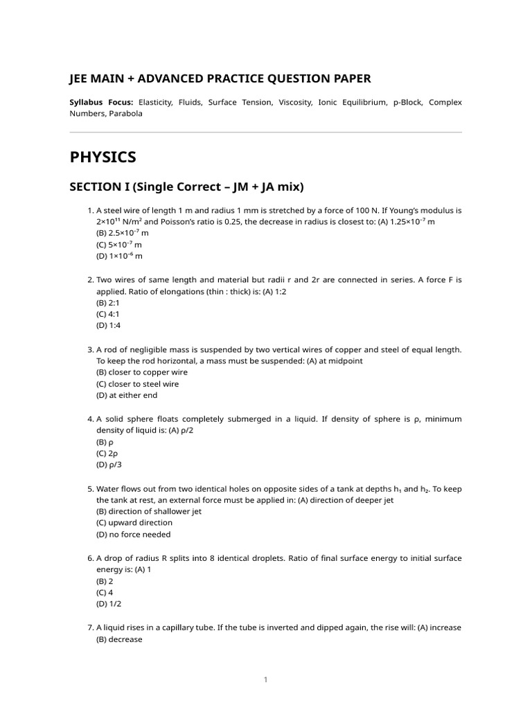 Jee Main + Advanced Practice Paper (Based on Given Paper) | PDF ...