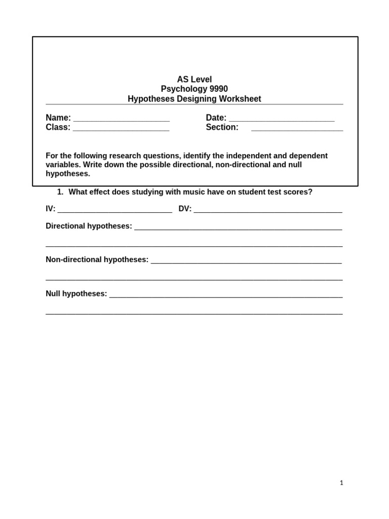 Psychology Hypotheses Design Worksheet | PDF | Chess | Chess Theory