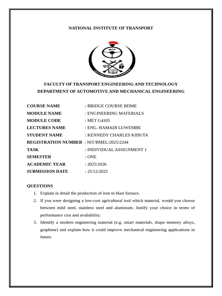Cover Page Individual-1 | PDF | Engineering | Steel