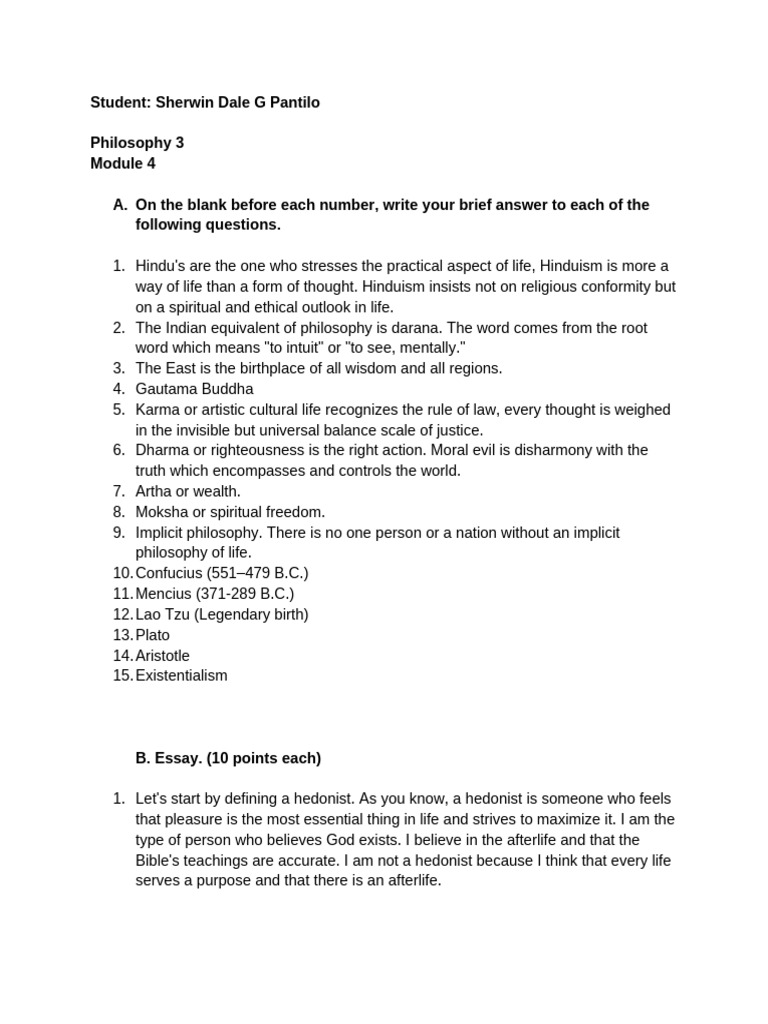 Name_ Sherwin Dale G. Pantilo Philo Module 4 | PDF | Dharma | Hedonism