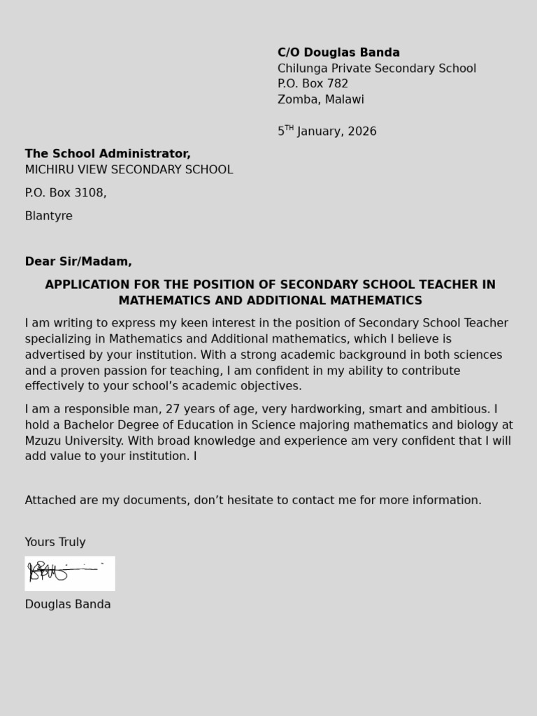 Douglas Banda Application Documents - Science Teacher - Mathematics ...
