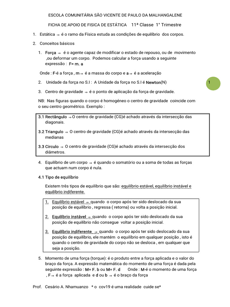 FICHA DE APOIO DE FISICA estátic 2020 ECSVPM QUARENTENA 1T 9CLASSE ...