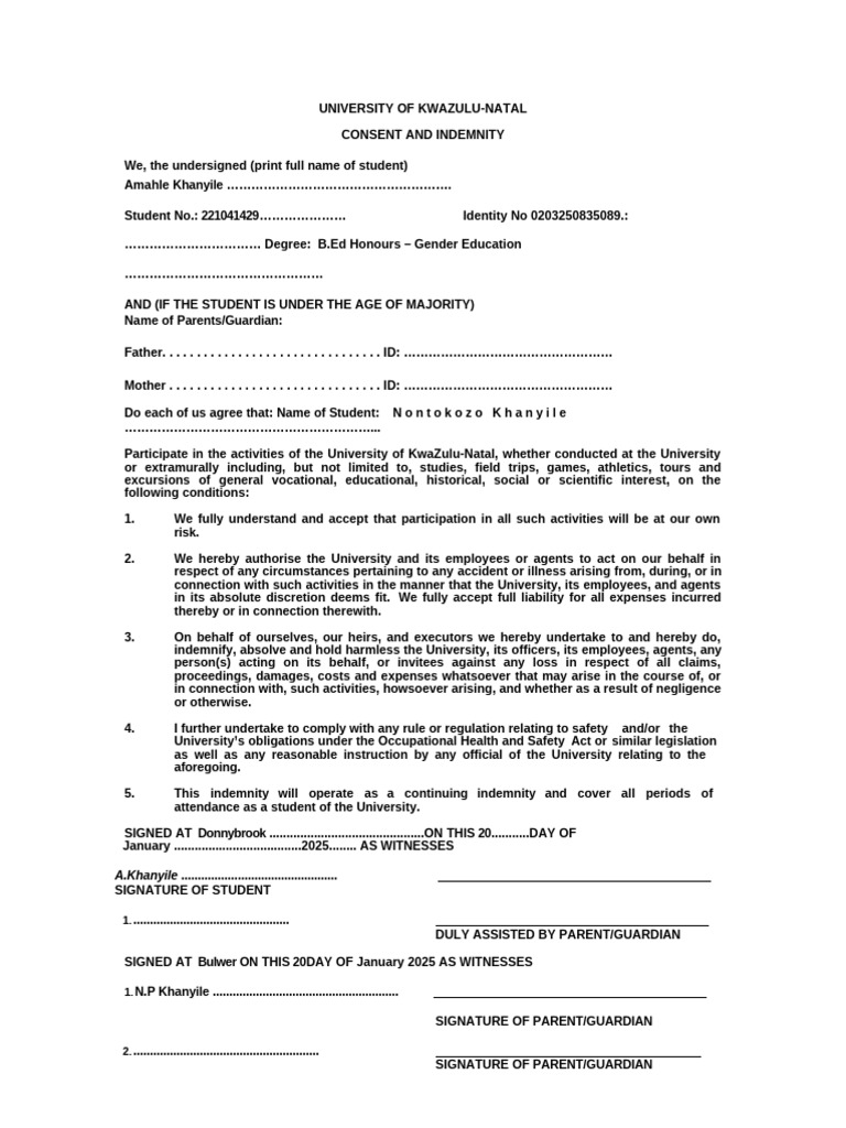 UKZN Consent and Indemnity Form | PDF | Indemnity | Legal Concepts