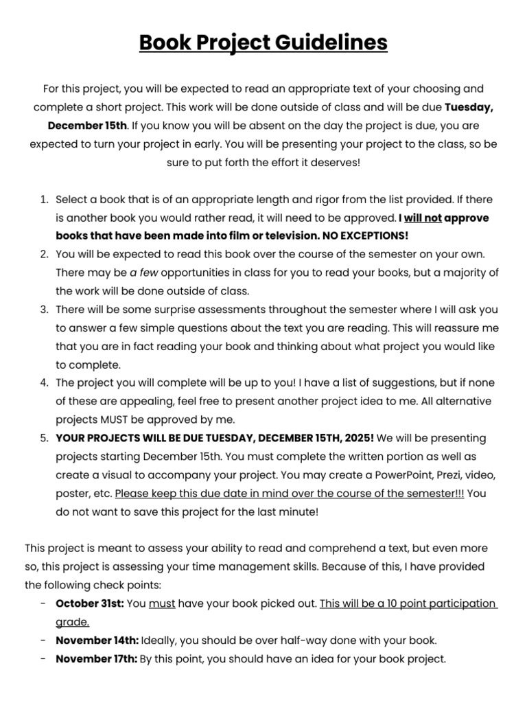 Book Project Guidelines, Project Suggestions, and Rubric | PDF | Books