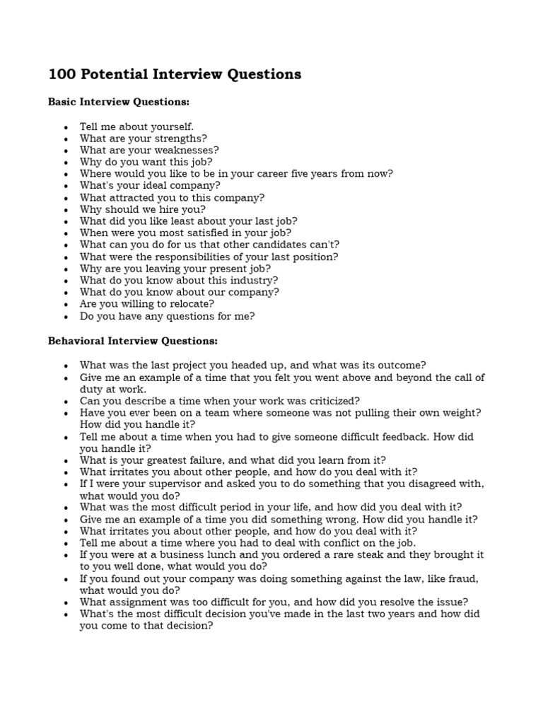 100 Essential Interview Questions Guide | PDF | Social Psychology ...