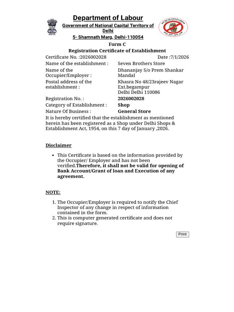 Registration Certificate for Seven Brothers Store | PDF
