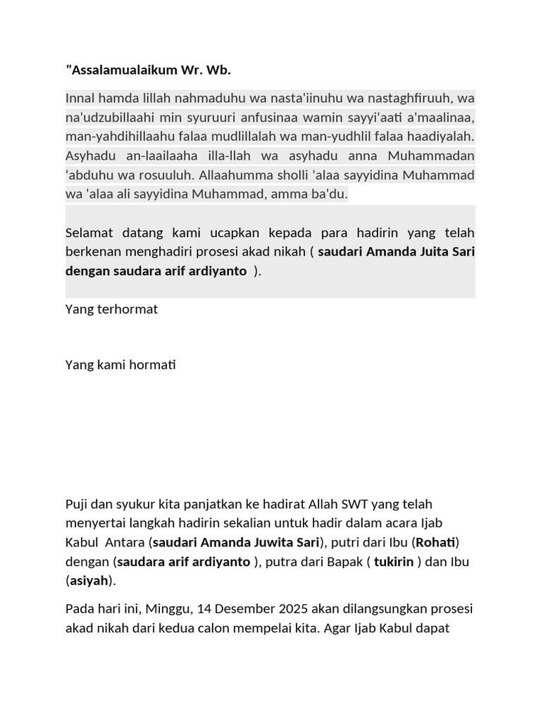 Akad Nikah Amanda dan Arif: Prosesi Suci | PDF