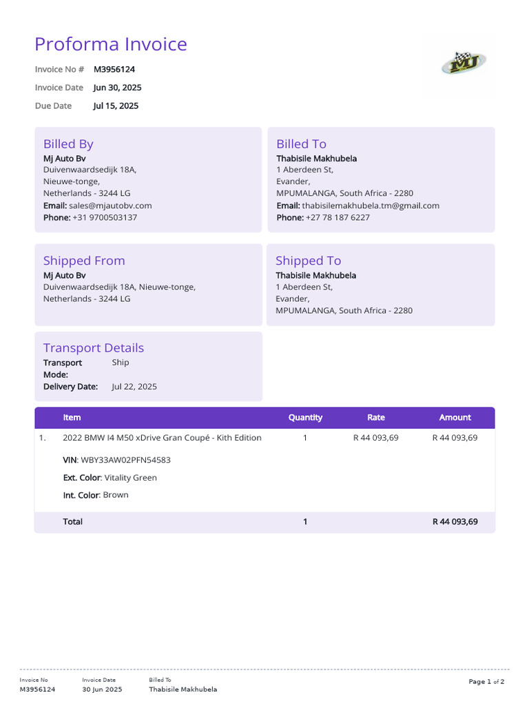 Thabisile Makhubela Proforma Invoice #M3956124 | PDF | Bmw | Luxury ...