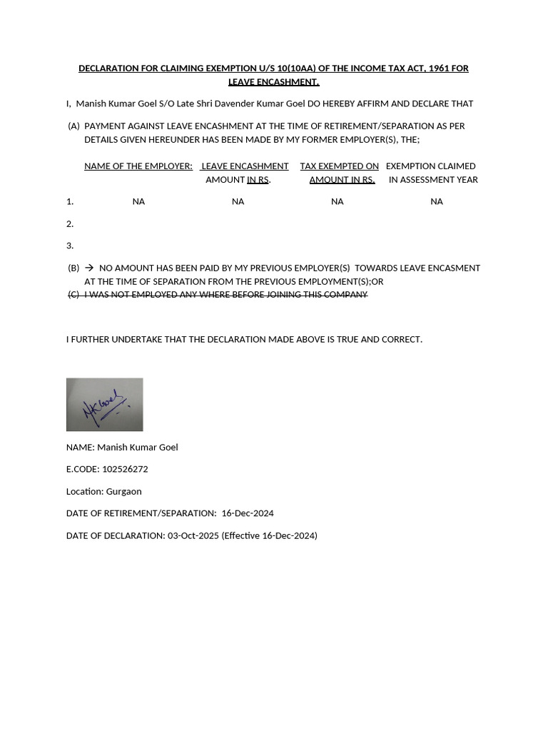 Leave Encashment Tax Exemption Declaration | PDF