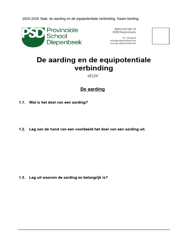 Taak - De Aarding en de Equipotentiale Verbinding | PDF