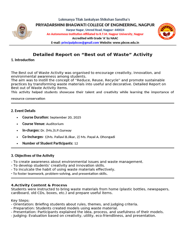 Best Out of Waste Activity Report | PDF | Creativity | Waste