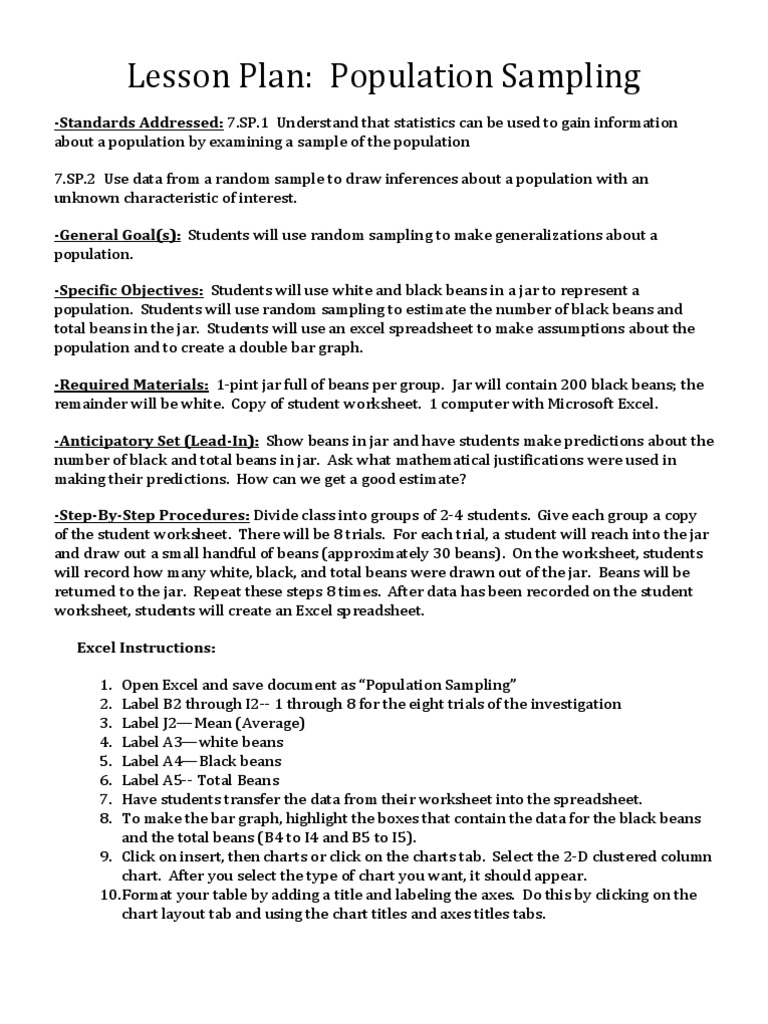 Lesson Plan- Population Sampling | Sampling (Statistics) | Spreadsheet
