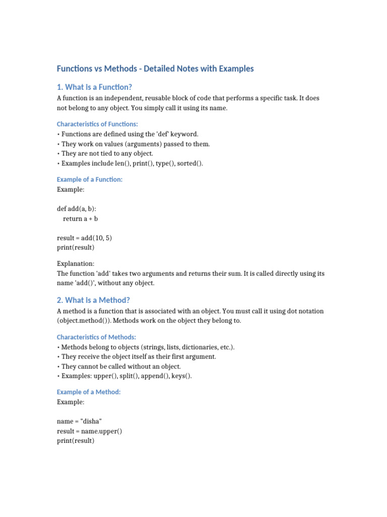 Function vs Method Detailed Notes | PDF