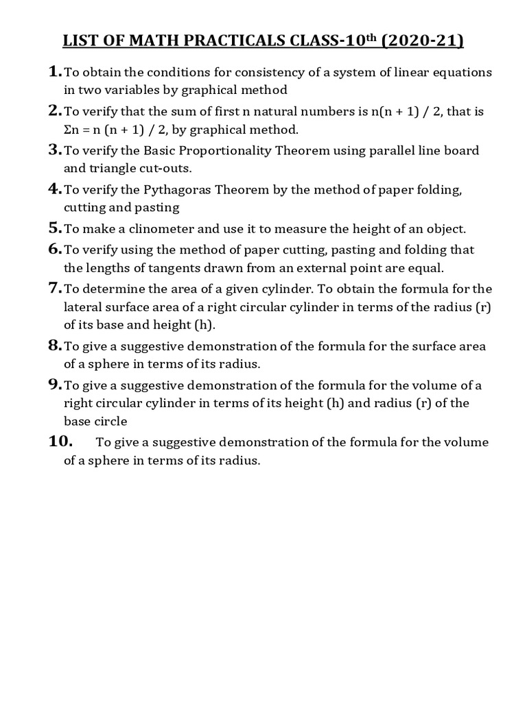 Class 10 Math Practical Activities List | PDF | Area | Sphere