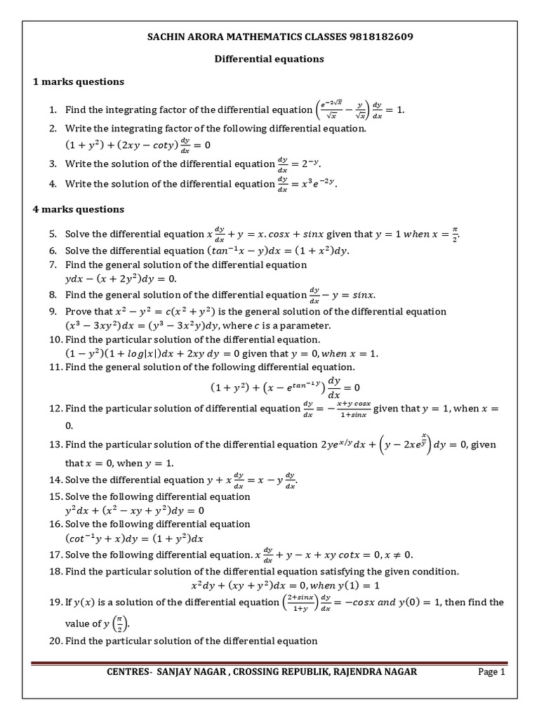 Differential Equations Practice Questions | PDF | Equations | Mathematics