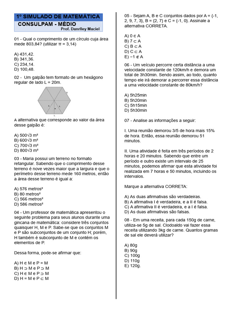 1º Simulado Consulpam 2024 (Nível Médio) - Dandan Da Matemática | PDF