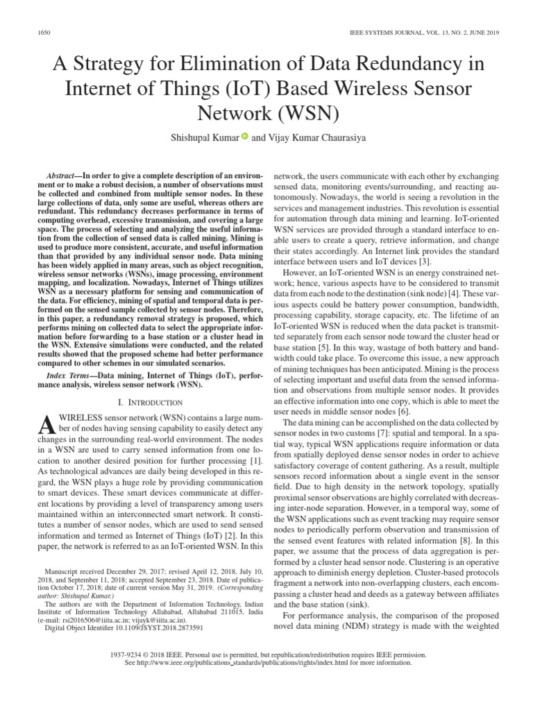 Elimination of Data Redundancy in IoT WSN | PDF | Wireless Sensor ...