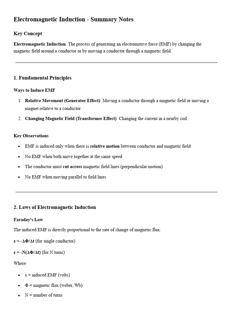 Electromagnetic Induction - Summary Notes | PDF | Electromagnetic ...