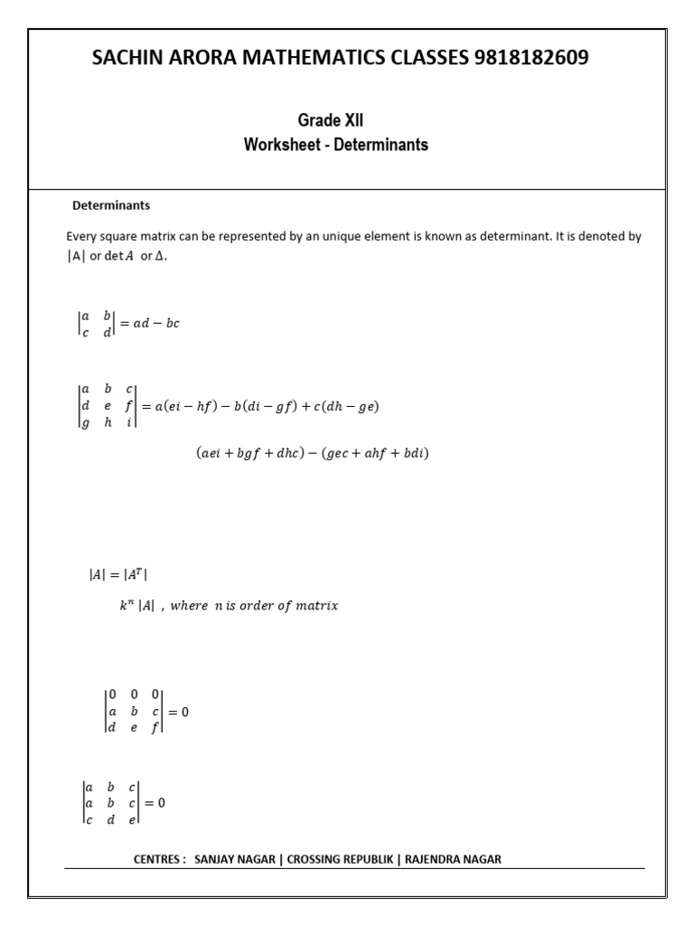 Grade XII Determinants Worksheet | PDF | Determinant | Matrix (Mathematics)