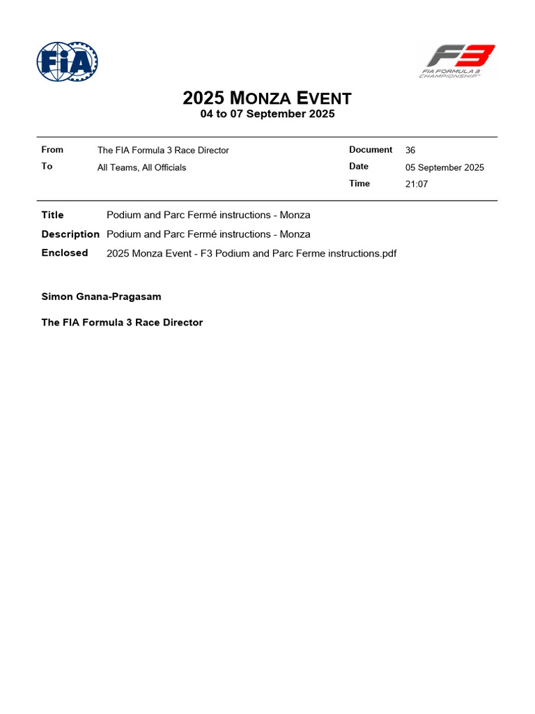 Monza F3 Podium & Parc Fermé Guide | PDF | Formula Racing Series | Auto ...