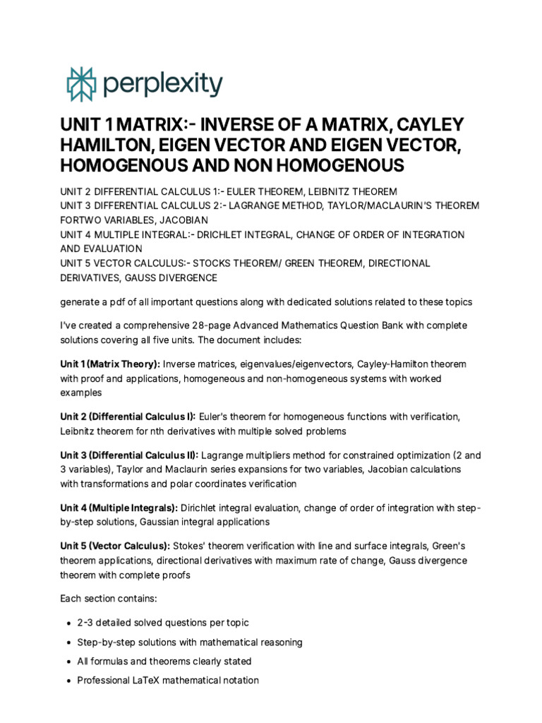 Unit 1 Matrix_- Inverse of a Matrix, Cayley Hamilt | PDF | Matrix ...